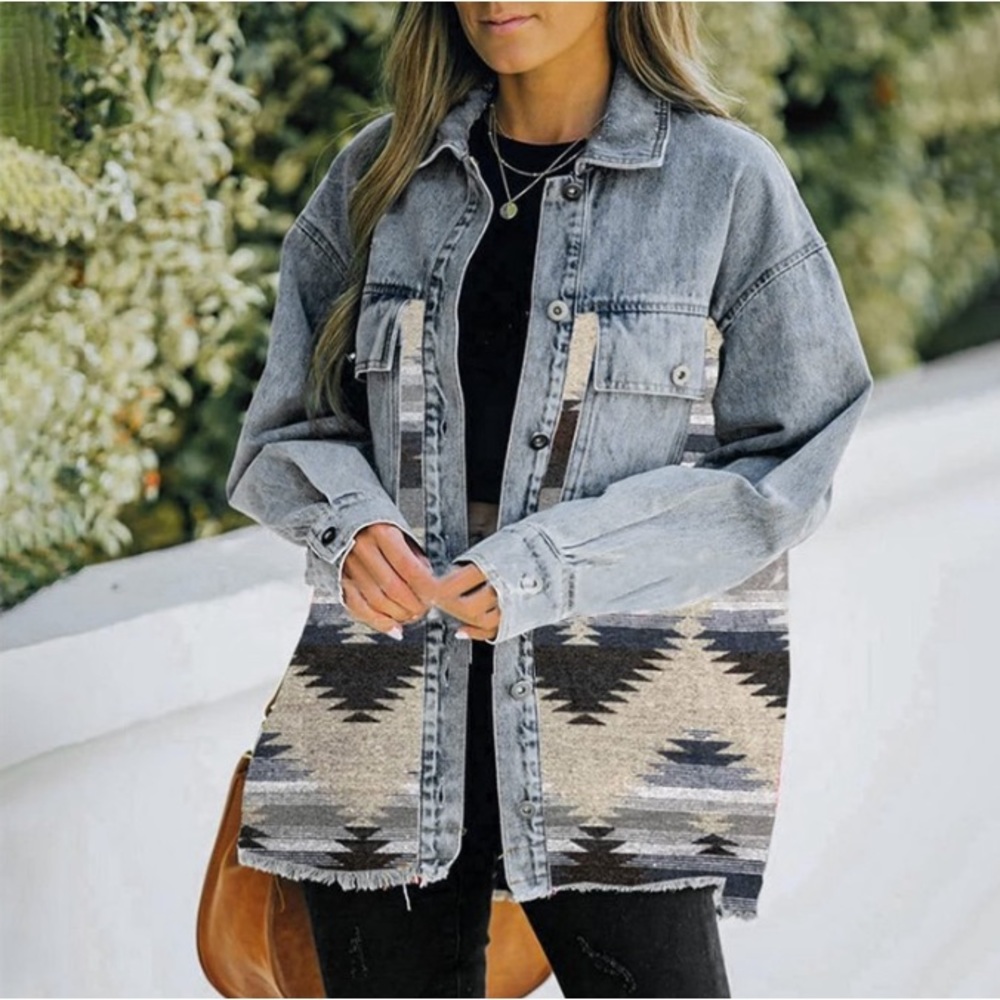 Aztec Design Distressed Denim Jacket - Gem
